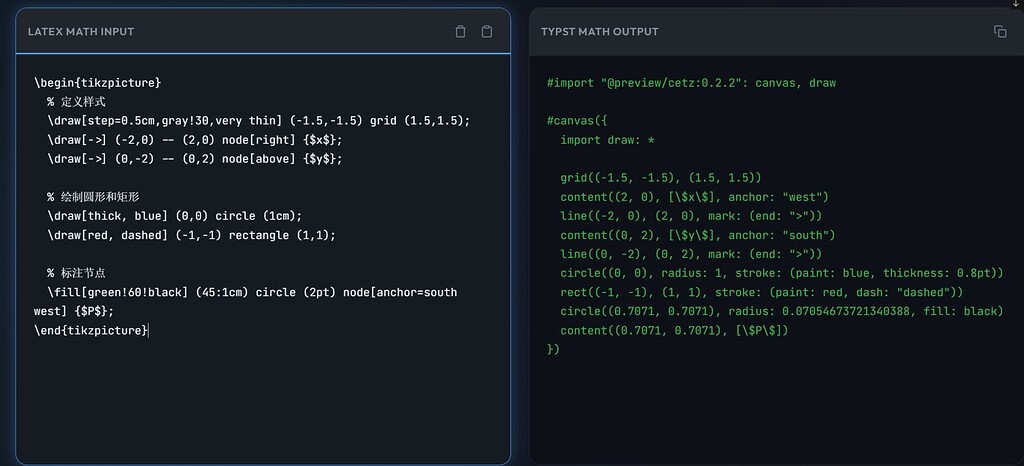 Small tool: LaTeX ↔ Typst converter (math/doc + TikZ/CeTZ experiments ...