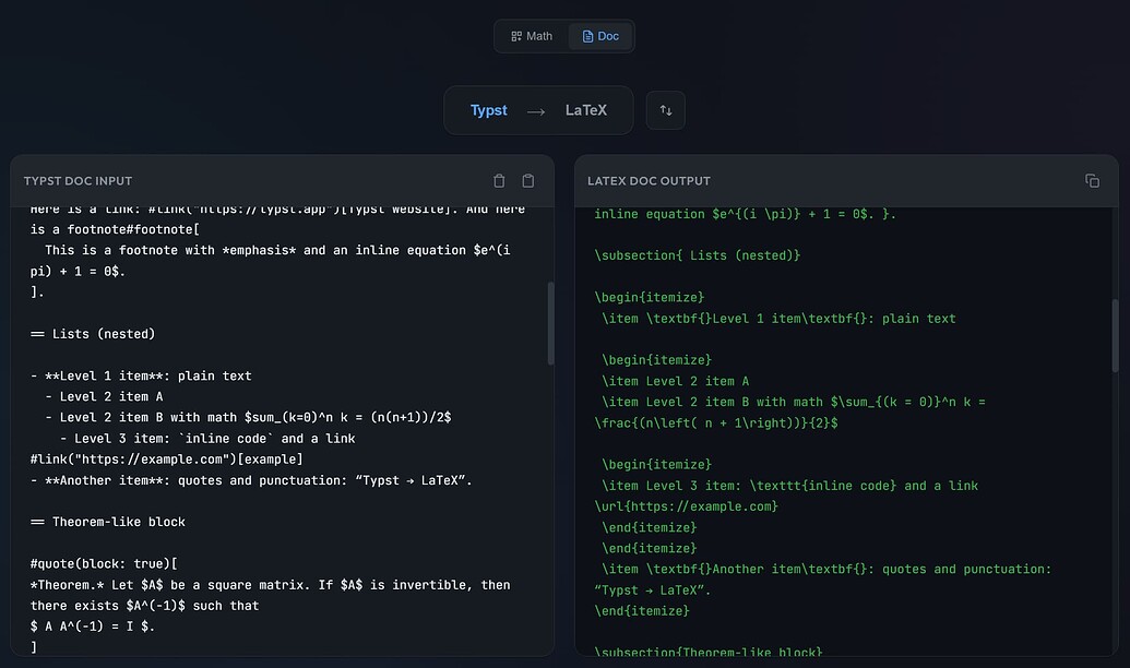 Small tool: LaTeX ↔ Typst converter (math/doc + TikZ/CeTZ experiments ...